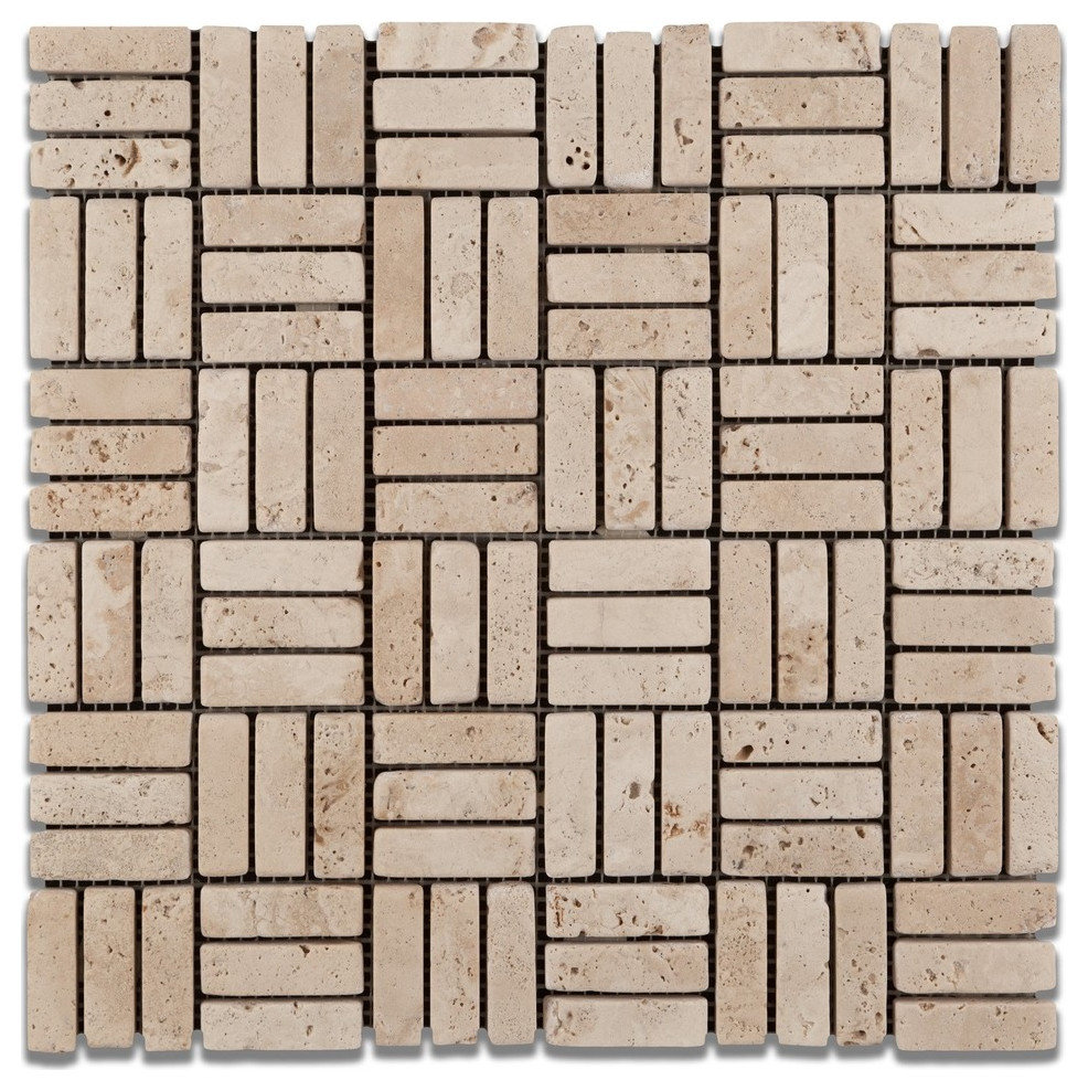 Sample of Ivory Travertine Tumbled Triple Strip Medici M. Tile ...