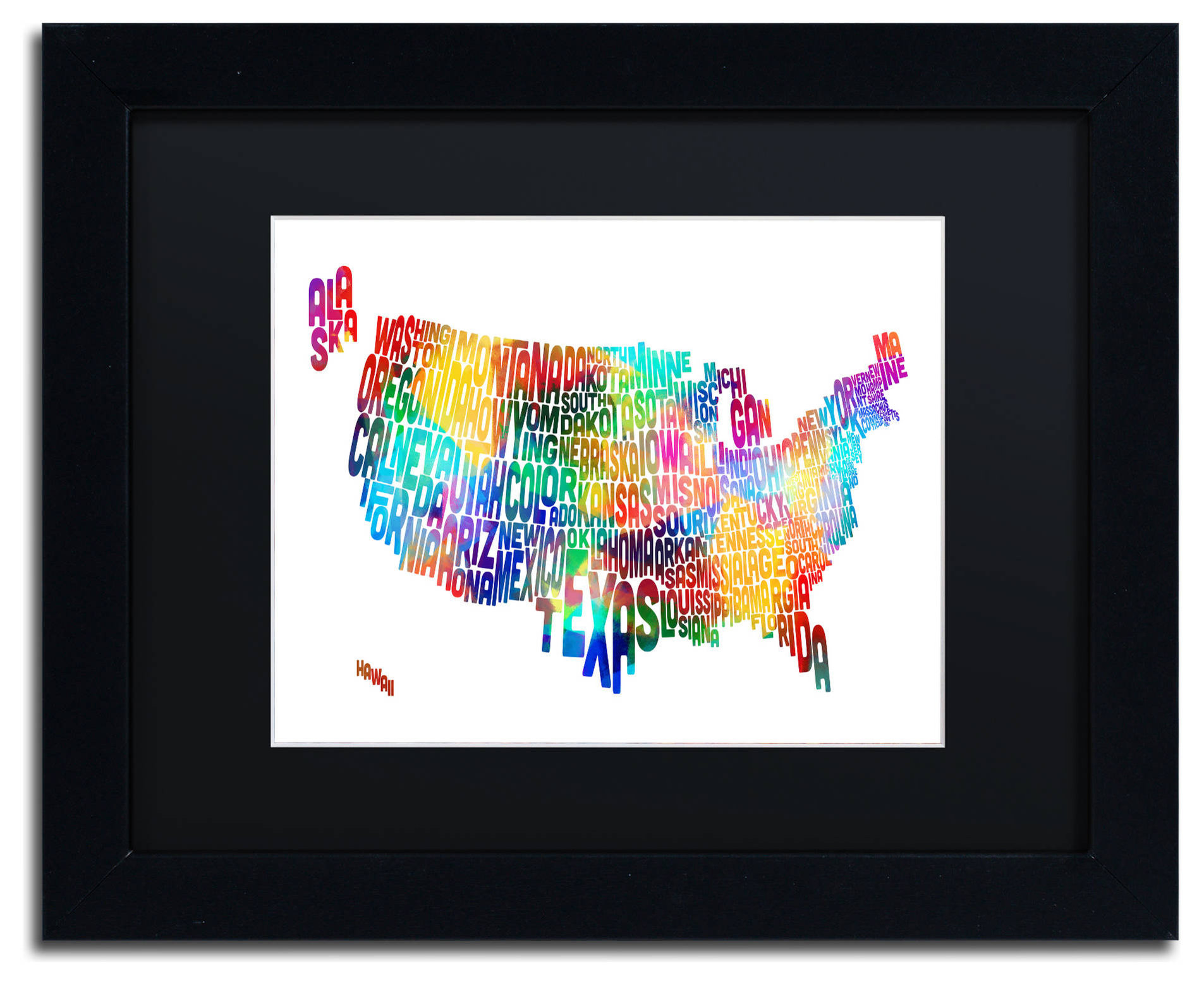 "United States Typography Map 2" Matted Framed Canvas Art by Michael ...