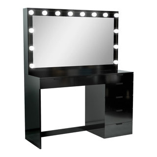 Modern Vanity Table, Lighted Mirror & Drawers With Cut Out Pulls, Black ...