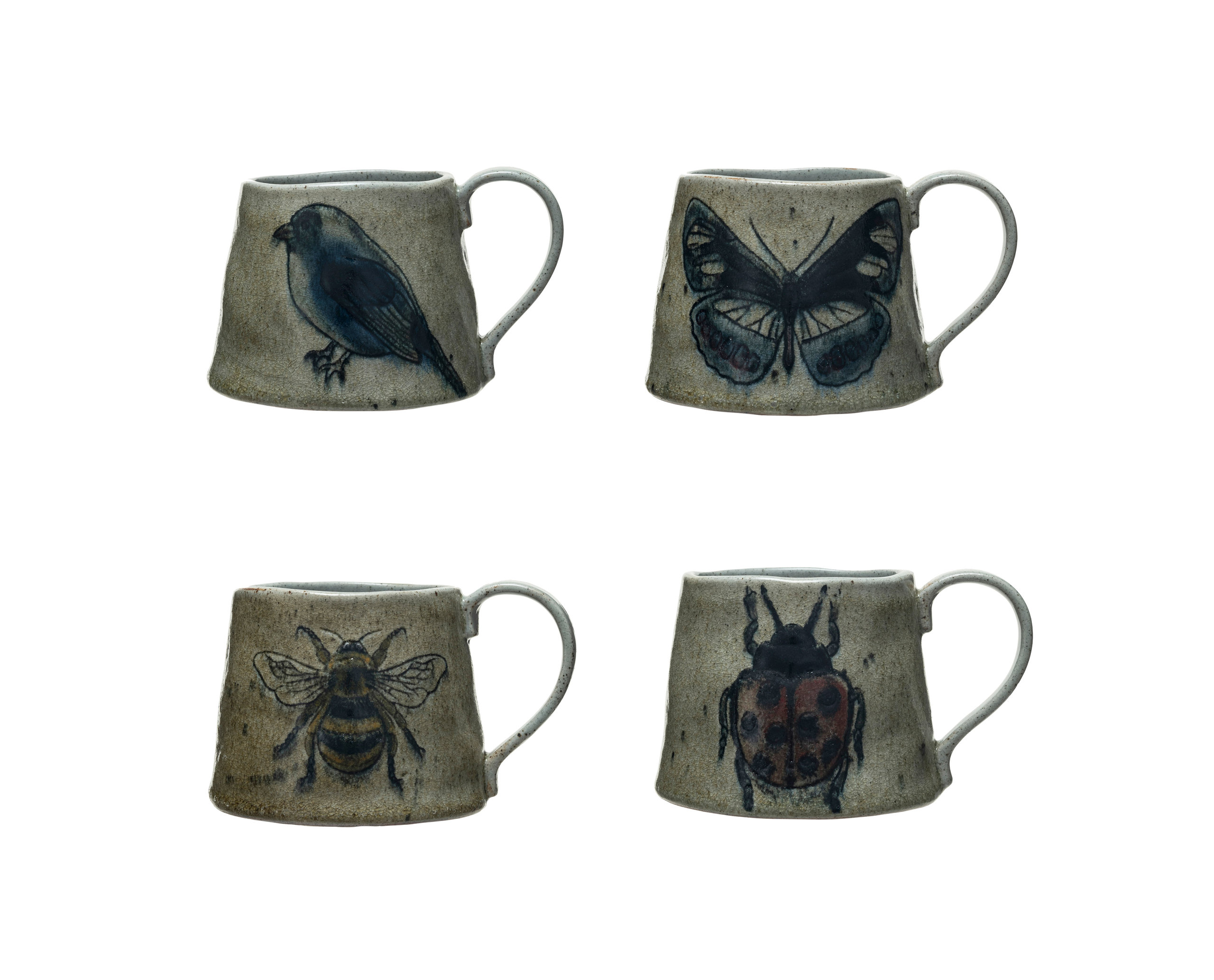 Stoneware Mug Set with Insect and Bird Designs, Multicolor, Set of 4 ...