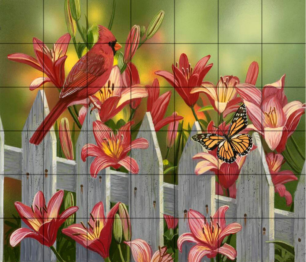 Tile Mural Kitchen Backsplash - Cardinal and Lillies-WV, 29.75" W x 25. ...