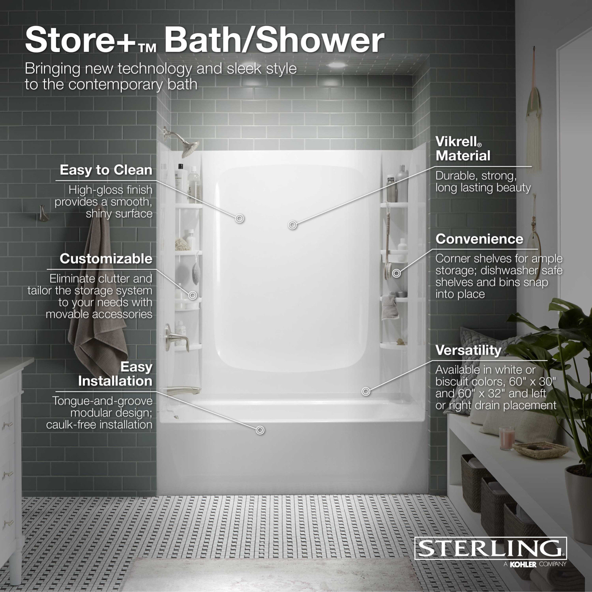 Sterling 71420120-0 STORE+ 60" x 32" Vikrell Alcove Bath/Shower ...