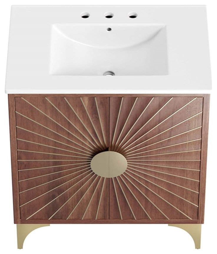 Modway Daylight 30" Solid Mango Wood Bathroom Vanity in White/Walnut ...