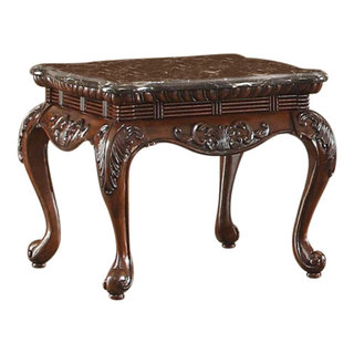 Traditional Style Engraved End Table With Marble Top, Dark Cherry Brown ...