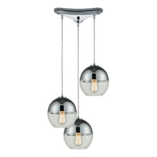3-Light Triangular Pendant Clear Blown Glass Globes Plated Chrome Top ...