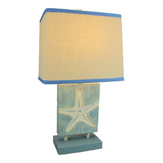 Blue and White Starfish Table Lamp with Linen Look Shade, Large - Beach ...