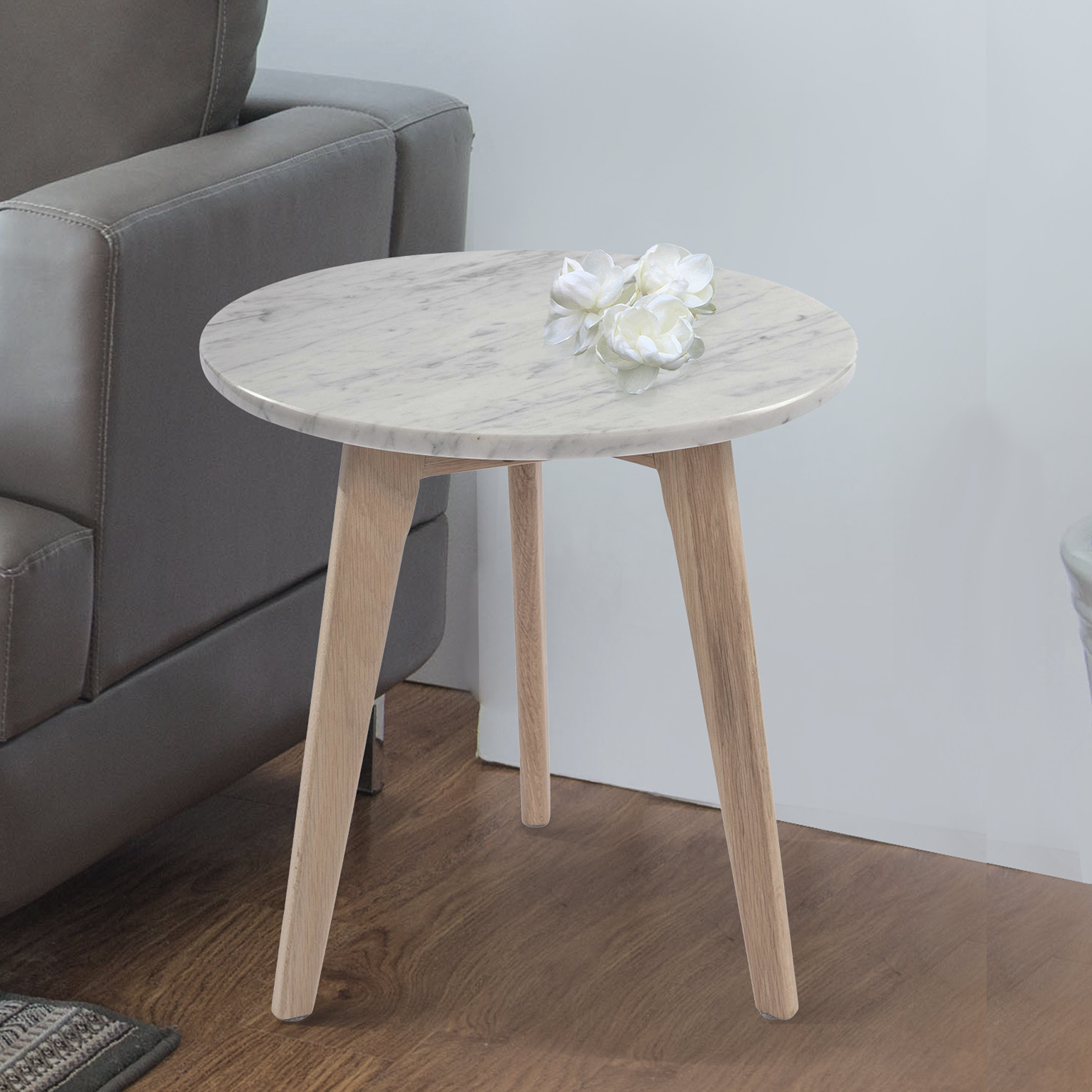 Cherie 15" Round Italian Carrara White Marble Side Table with Oak Legs ...