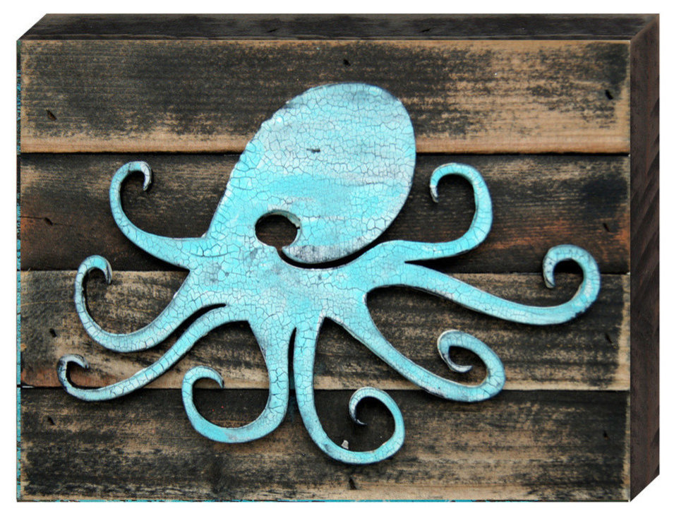 Octopus Coastal Block, 12"x9" - Beach Style - Outdoor Wall Art - by G ...