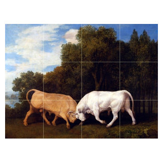 Tile Mural, Wall Backsplash Bulls Fighting Livestock, 8" Ceramic, Matte ...