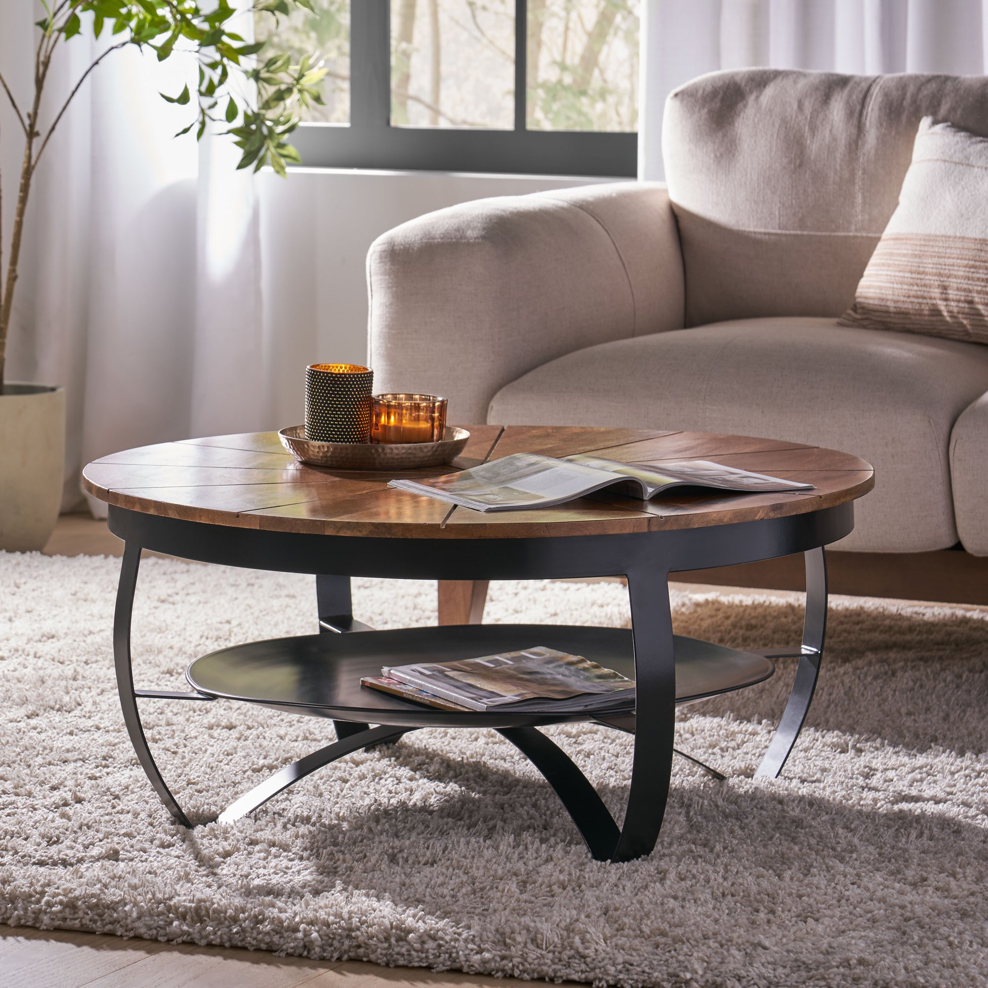 Modern Industrial 36-Inch Round Coffee Table, Natural Wood Top, Metal ...