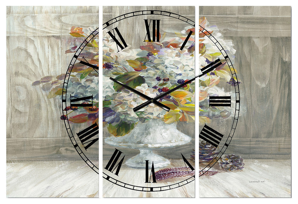 Rustic Florals White Cabin and Lodge 3 Panels Metal Clock ...