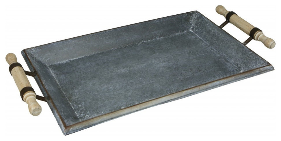 Rustic Galvanized Gray Metal Tray With Rolling Pin Handles - Farmhouse ...