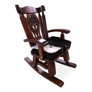 Wooden Rocking Chair Handcarved Back Removable Hair-On Cowhide Pillow ...