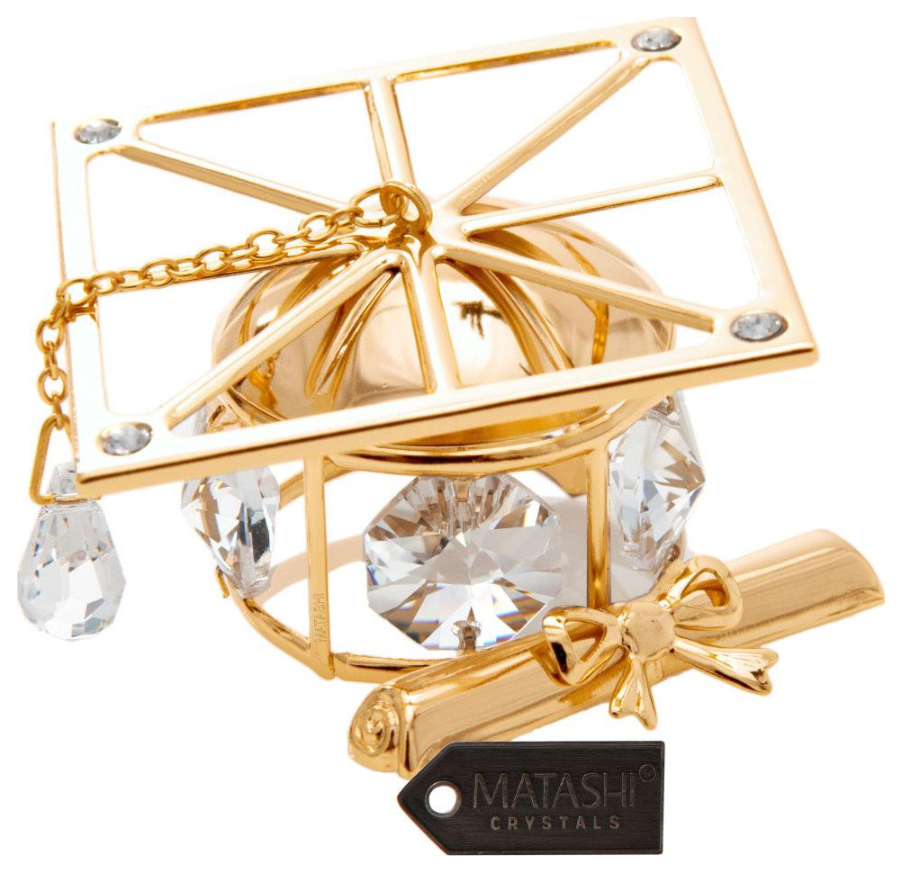 24K Gold Plated Graduation Cap Ornament With Diploma and Crystal Ended ...