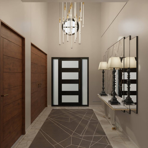 Small closed foyer with high ceiling (two story, 17ft) lighting & more