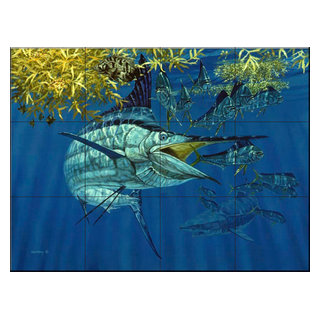 Tile Mural, Blue Marlin In Sargussum by Don Ray, 17" x 12.75" (12 Tiles ...