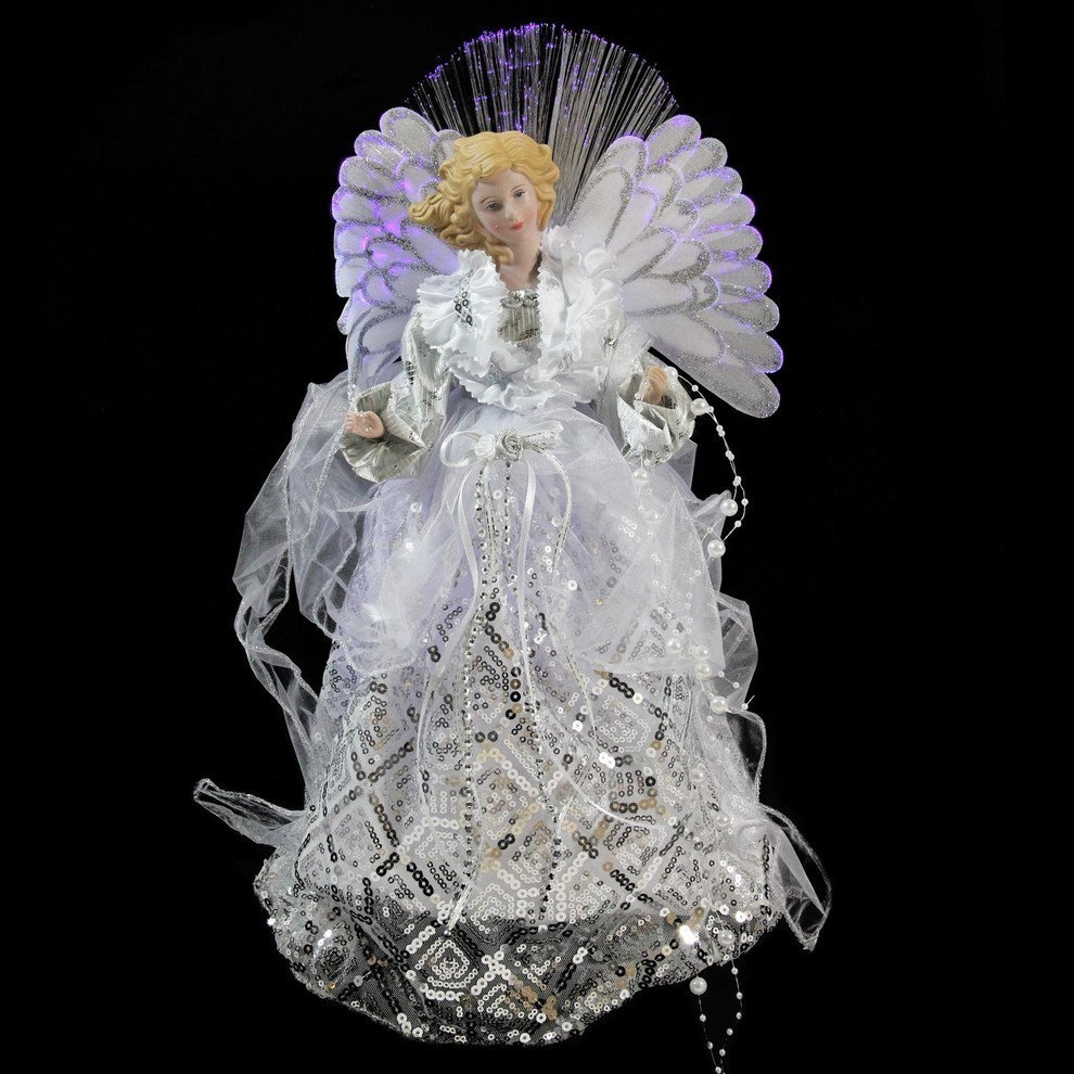 16" Battery-Operated Angel, White and Silver Sequined Gown Christmas ...