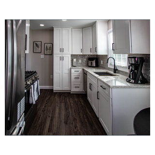 White and Gray Compact Kitchen with LVT Flooring - Transitional ...