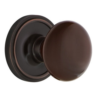 Classic Rosette Passage Brown Porcelain Knob, Bright Chrome, Backset Size: 2.75" - Transitional ...