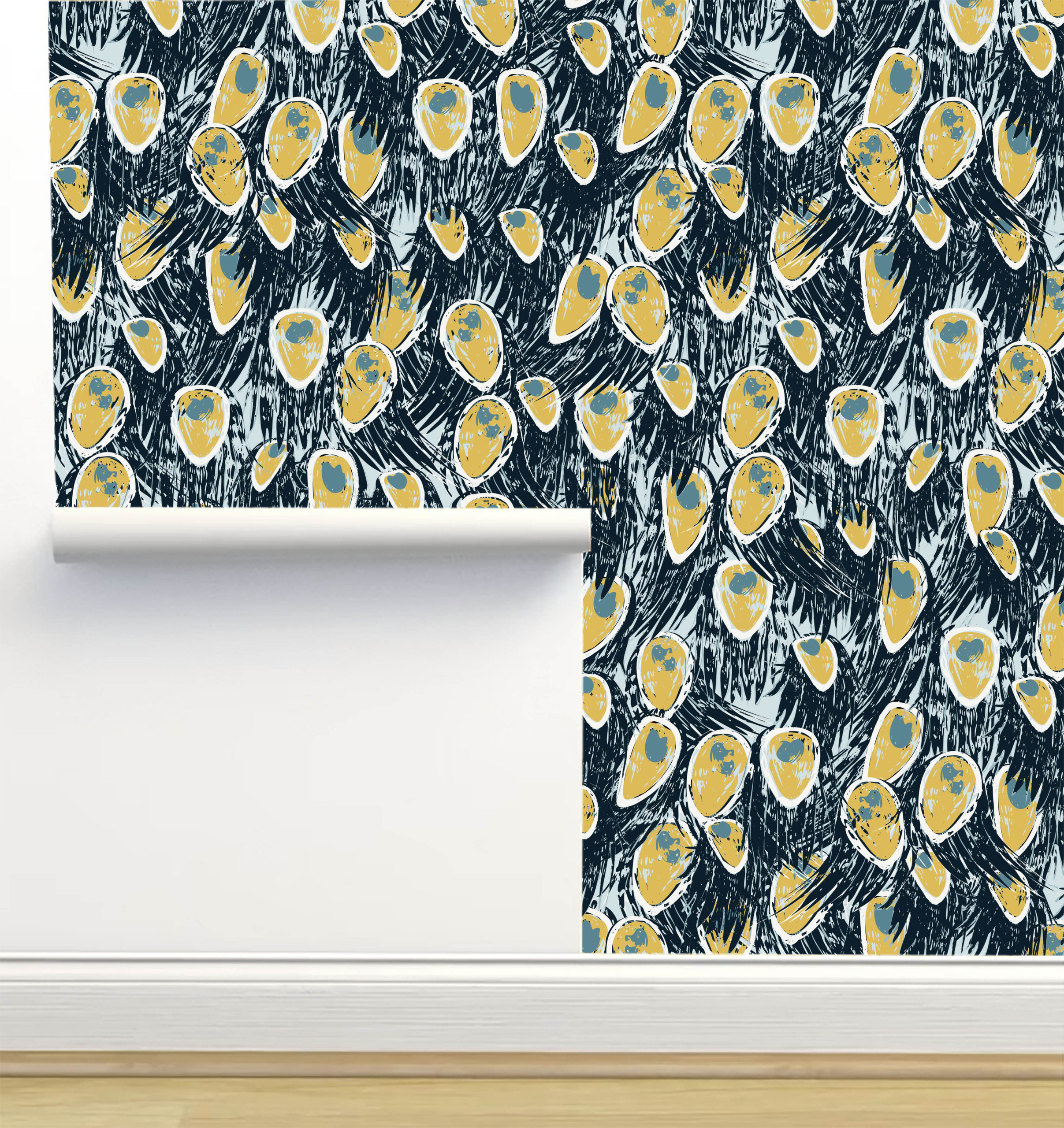 Peacock Feather Blue Yellow Wallpaper by Monor Designs, 24"x72 ...