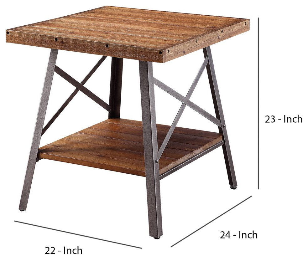 Set of 2 Industrial End Table, X-Shaped Metal Sides With Brown Wood Top ...