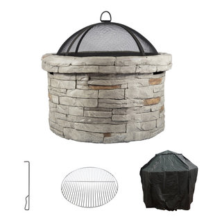Round Faux Stone Outdoor Fire Pit with Rain Cover - Traditional - Fire ...
