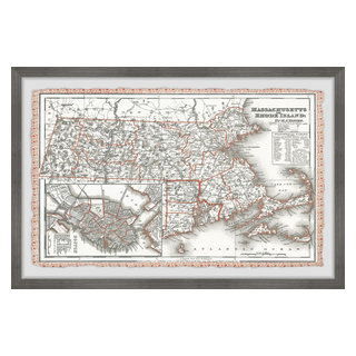"Vintage Map of Massachusetts" Framed Painting Print, 36"x24 ...