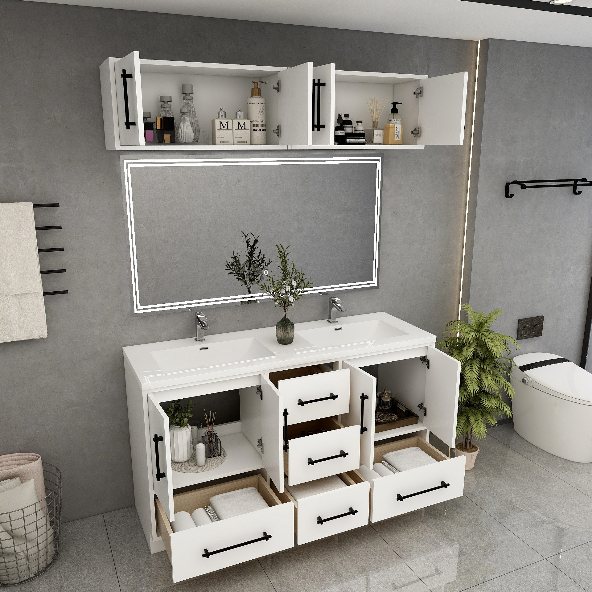 Victoria 60" Solid Wood Vanity Double Sink, Overhead Cabinet ...