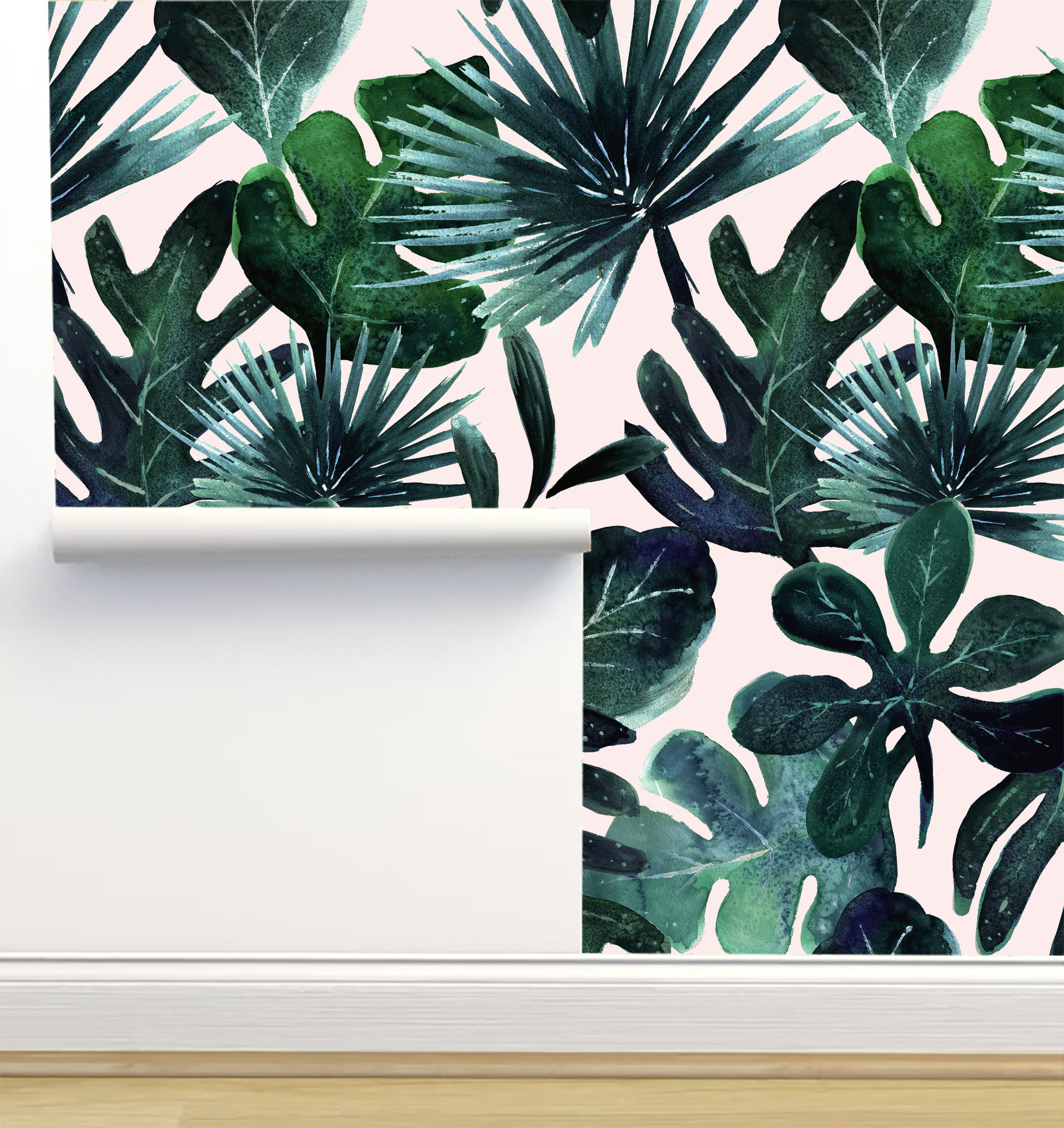 Tropical Leaves Deep Sea Blush Wallpaper, Sample 12"x8" - Tropical ...