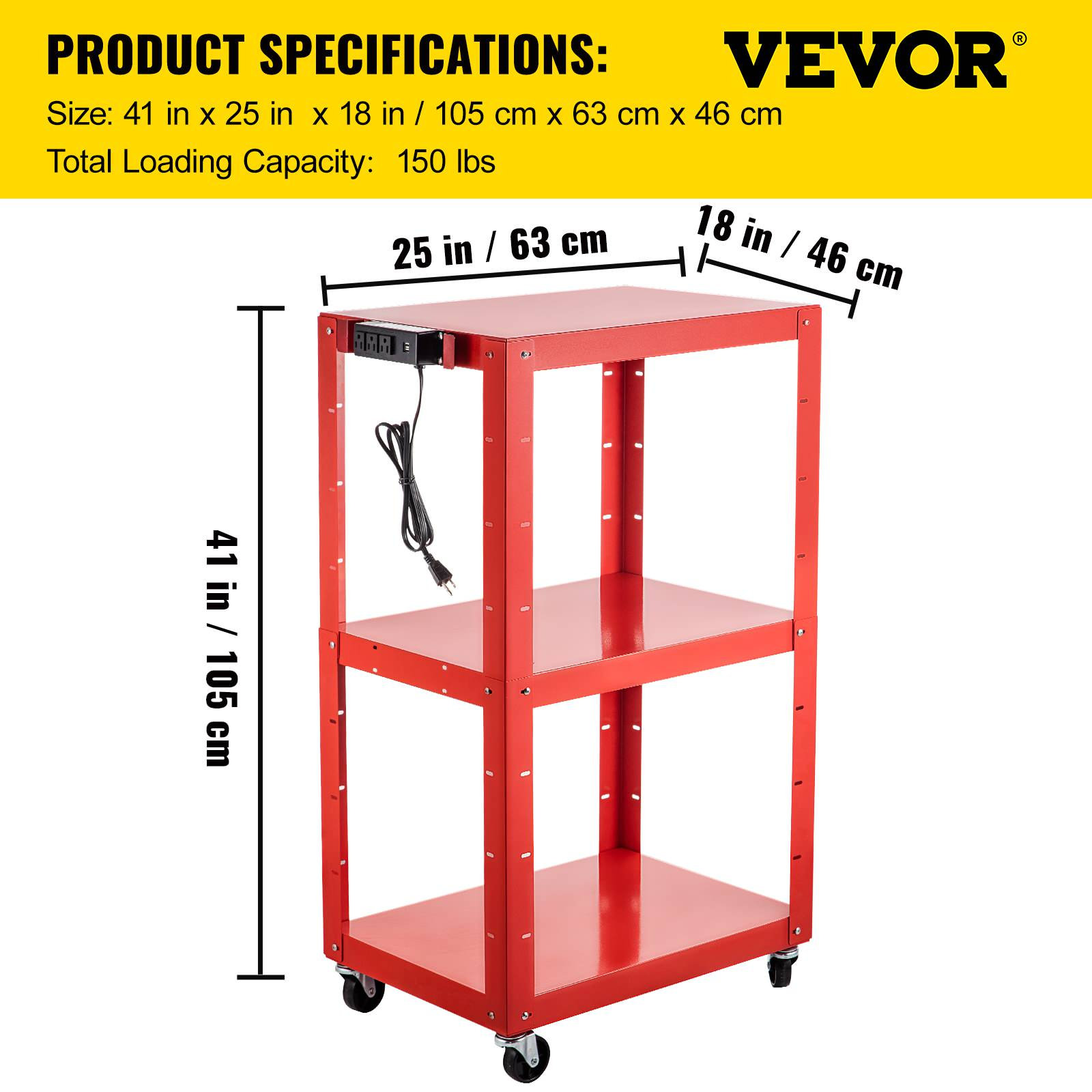 VEVOR Steel AV Cart Media Cart With Cord Management 26-41" Height ...