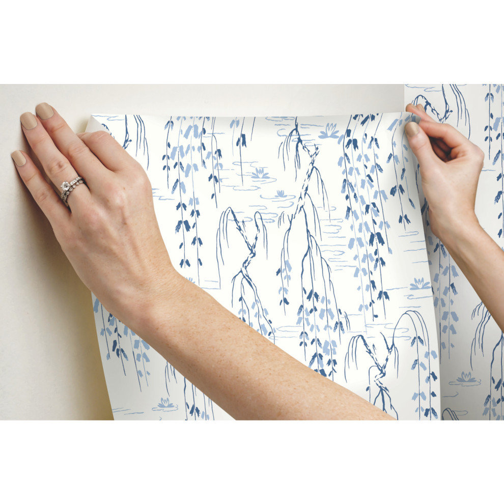 Willow Branches Wallpaper, White, Blue - Contemporary - Wallpaper - by ...