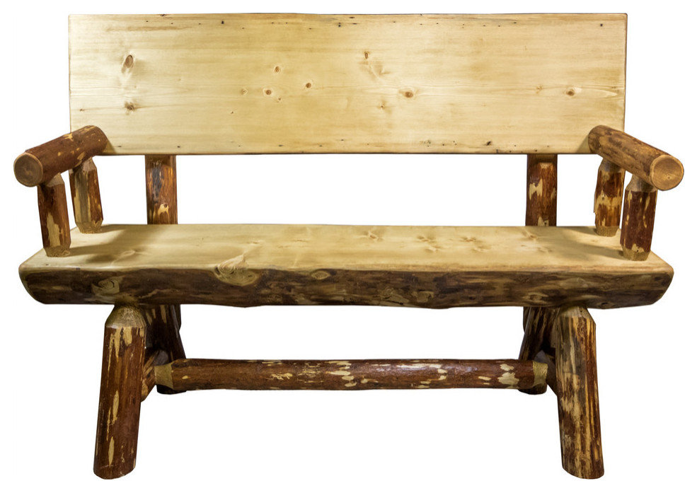 Half Log Bench With Back and Arms, Exterior Stain Finish, 4' - Rustic ...