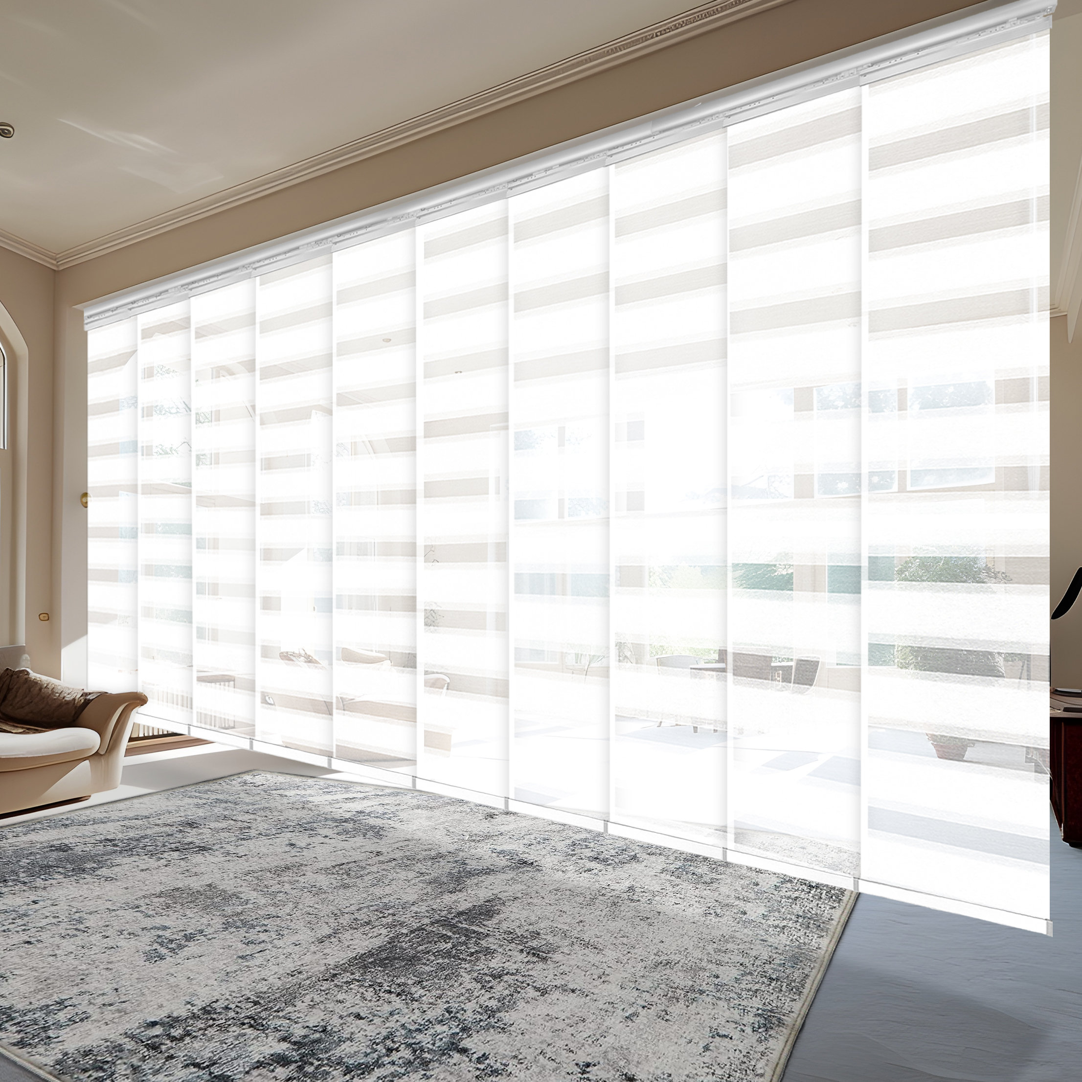 Blanched White 10-Panel Track Extendable Vertical Blinds 120-218"W, 91. ...