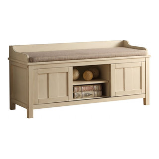 Rectangular Cream Fabric Bench With Covered Storage - Transitional ...