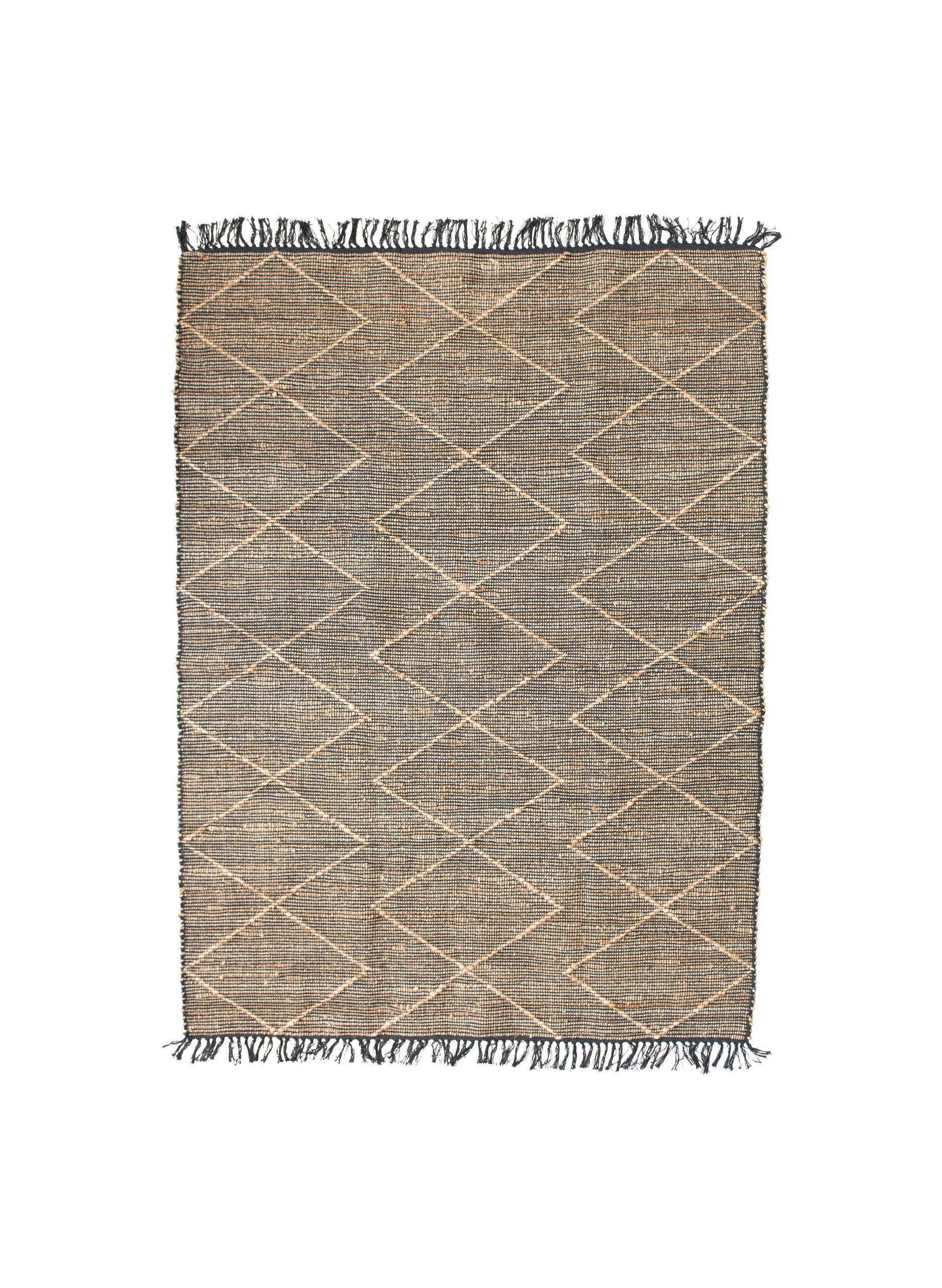Woven Cotton/Jute Rug With Diamond Pattern/Fringe, Black/Natural ...