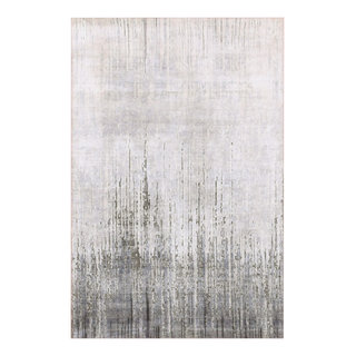 Gray, Hand Knotted Modern Vertical Ombre Design, Silk and Wool Rug, 3 ...