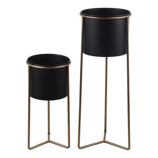 Industrial Metal Round Planter with Tri Base, Set of 2, Black and Gold ...