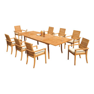 9-Piece Outdoor Teak Dining Set: 117" Rectangle Table,8 Alps Stacking ...