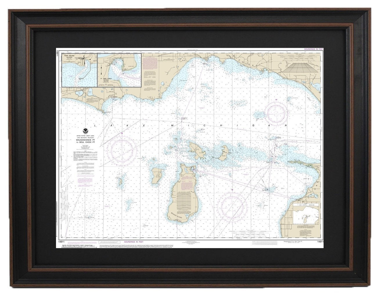 Framed Nautical Chart, Lake Michigan Waugoshance P.t, Seul Choix Pt ...