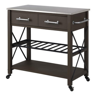 Rolling Farmhouse Cart with Metal Top, 2 Drawers and Wine Bottle ...
