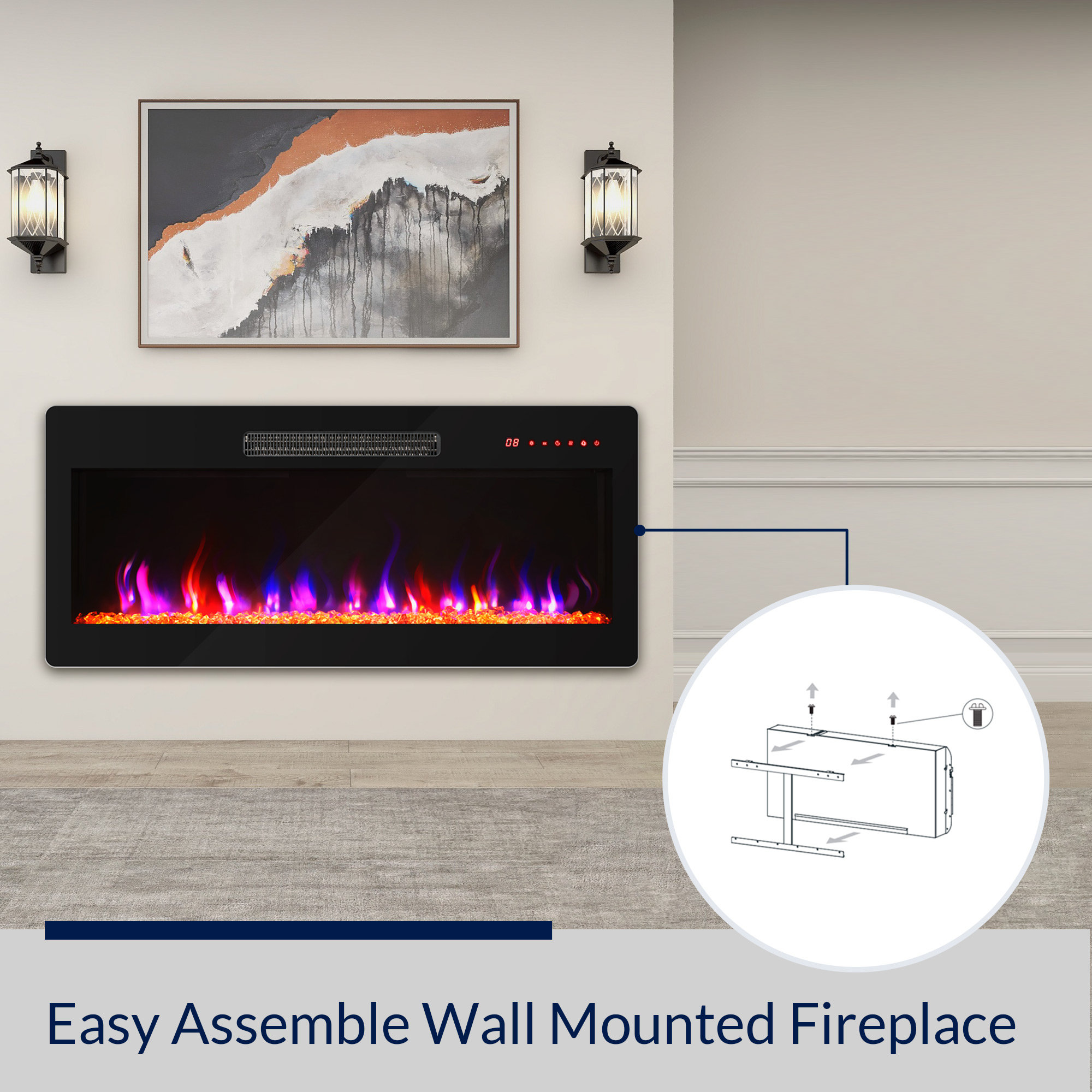 36" Electric Fireplace Heater, 1400 W Recessed & Wall Mounted ...