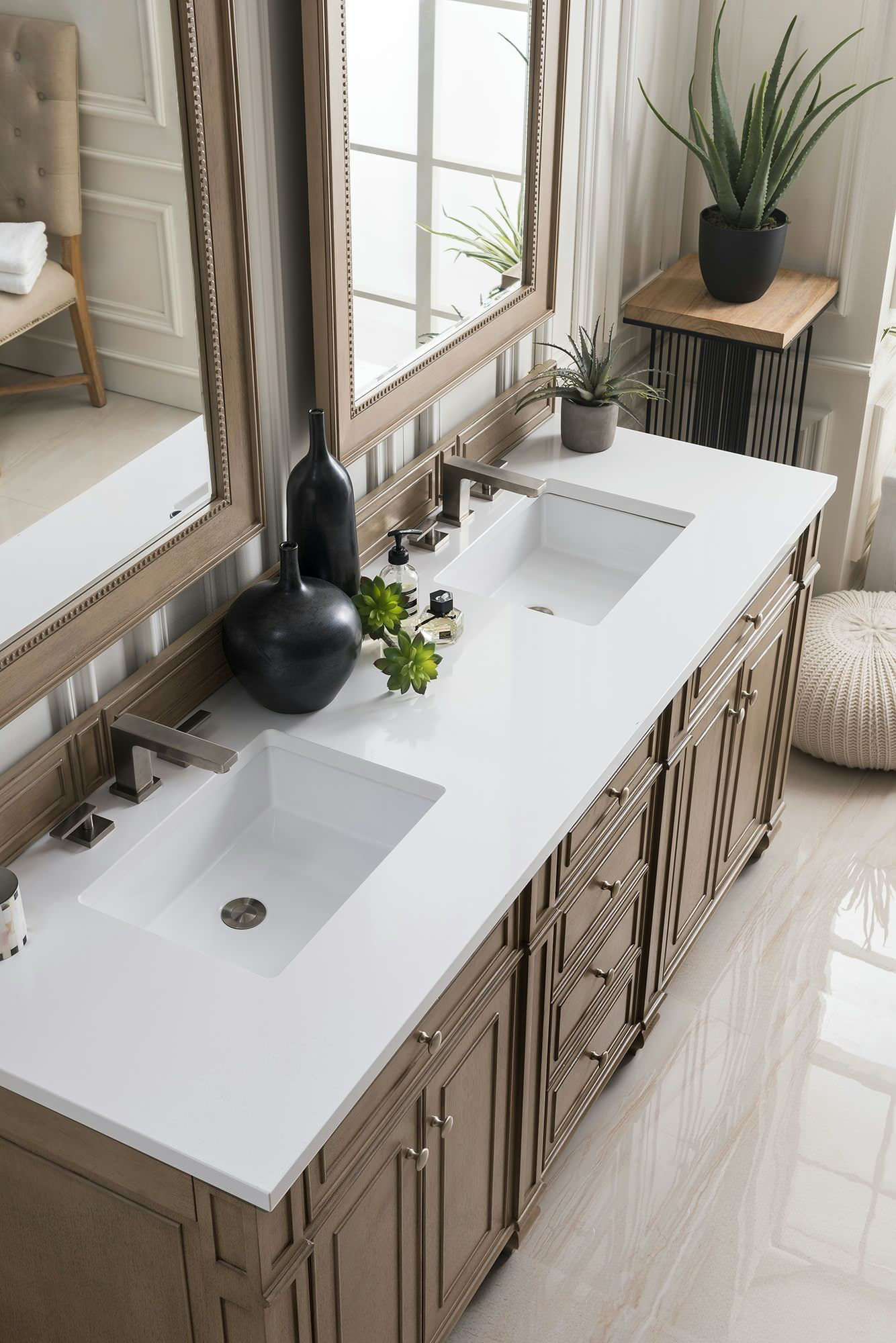 Bristol 72" Double Vanity, Whitewashed Walnut, w/ 3 CM Classic White ...