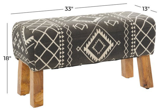 Black Tribal Upholstered Bench with Mango Wood Frame and Padded Seat ...