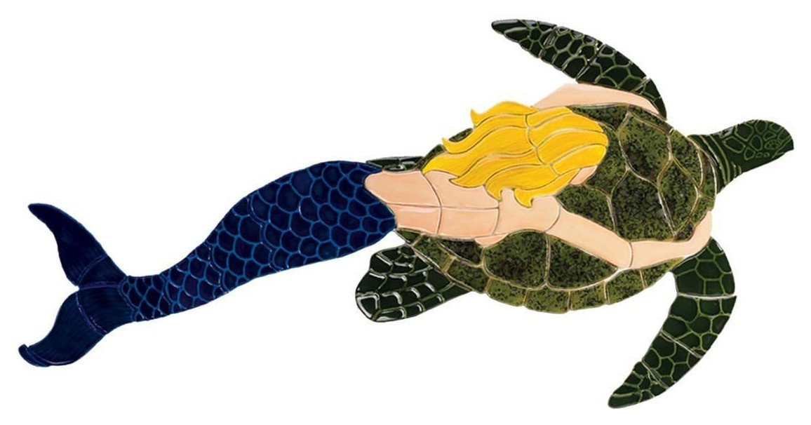 Mermaid with Turtle Ceramic Swimming Pool Mosaic, 35"x17" - Beach Style ...