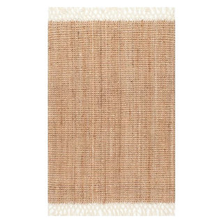Natural Hand-Woven Wool Area Rug with Tassels, Coastal Solid Print ...