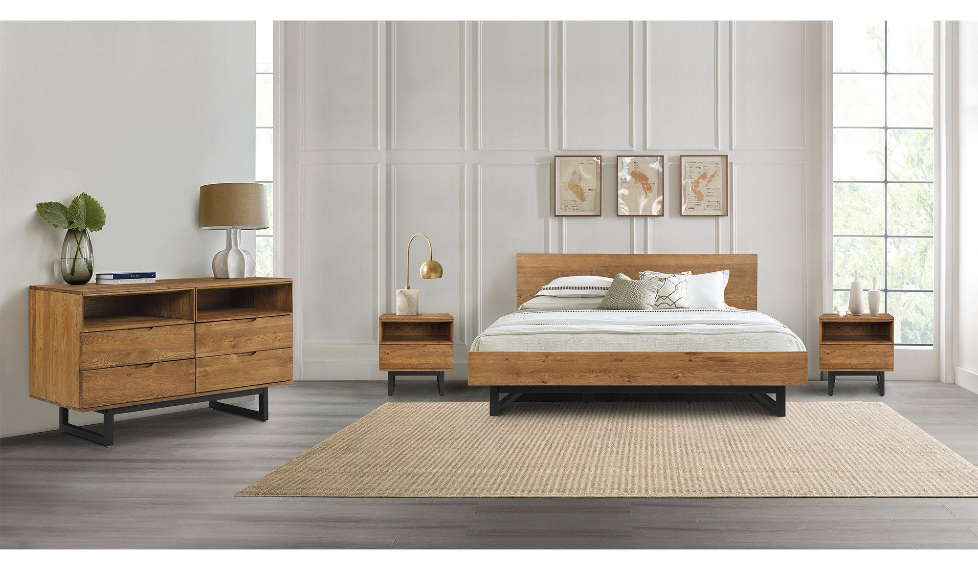 Aldo Queen Size 4 Piece Platform Bed Frame Bedroom Set in Brown Oak Wood - Industrial - Bedroom ...