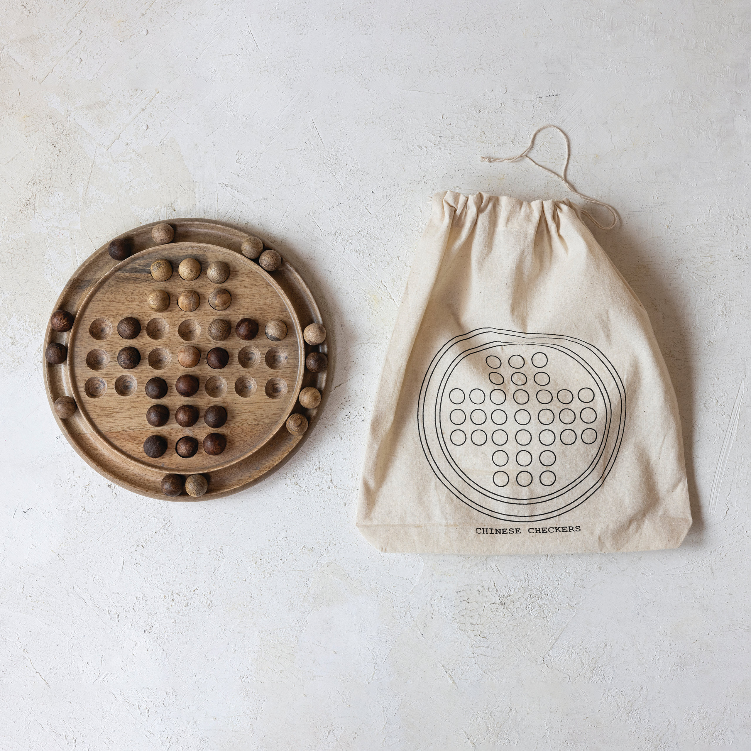 Round Mango Wood Chinese Checkers, Drawstring Bag, Natural and Walnut ...