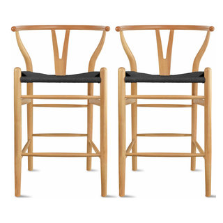Set of 2 Solid Wood Elbow Counter Stool with Y Back, Woven Black Seat ...
