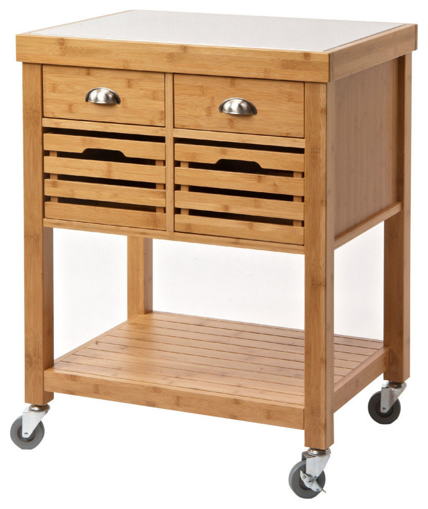 36 Inch Bamboo Kitchen Cart Island, 2 Drawers, Stainless Steel Top ...