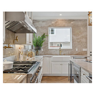 Omega kitchen Anson white painted door Stainless Steel appliances gold ...